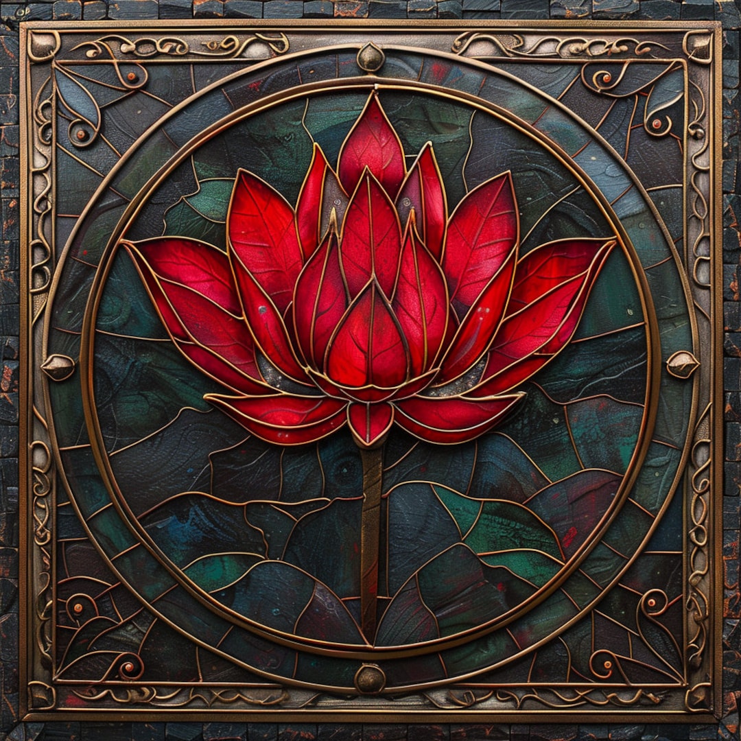 Red Lotus Stained Glass Look Art on Glossy Ceramic Decorative Tile Gift ...