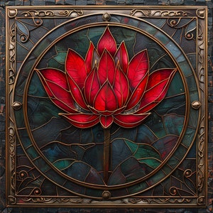 Red Lotus Stained Glass Look Art on Glossy Ceramic Decorative Tile Gift ...