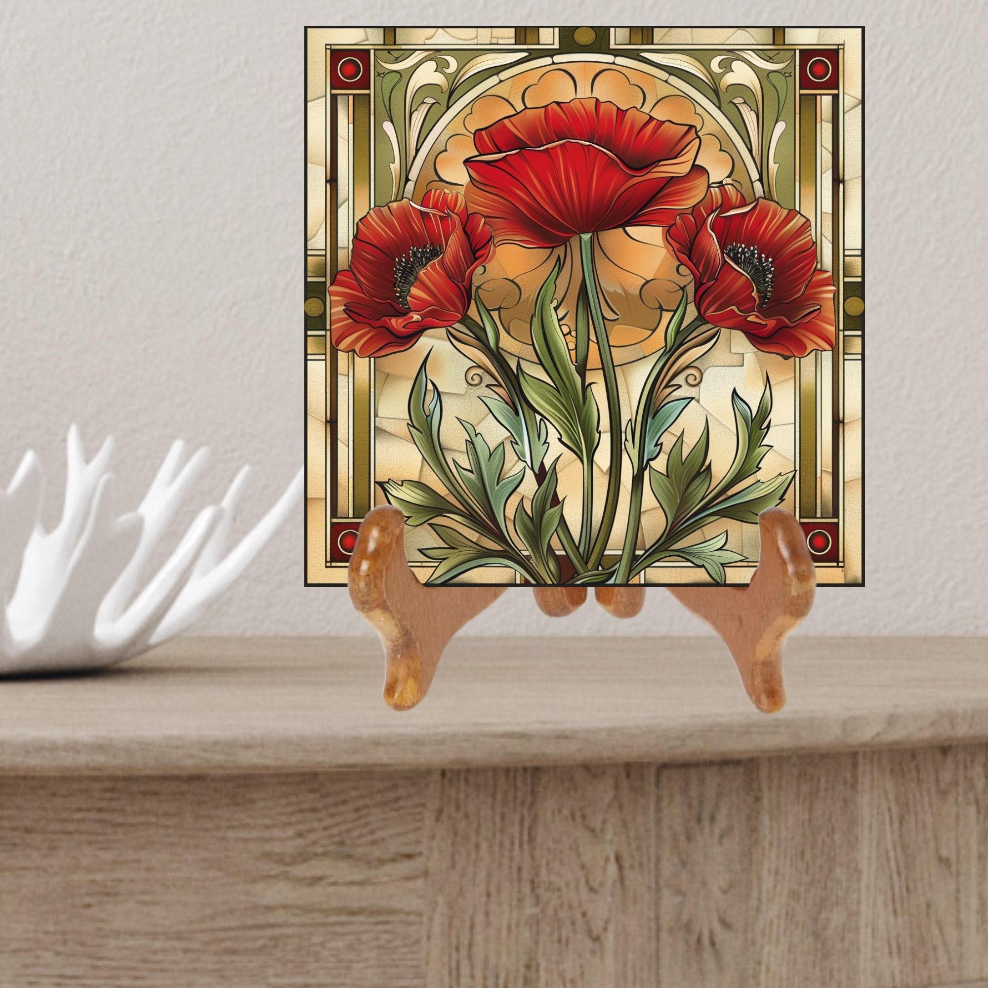 Art Nouveau Poppies Ceramic Wall Art Decorative Tile Unique Home Decor ...