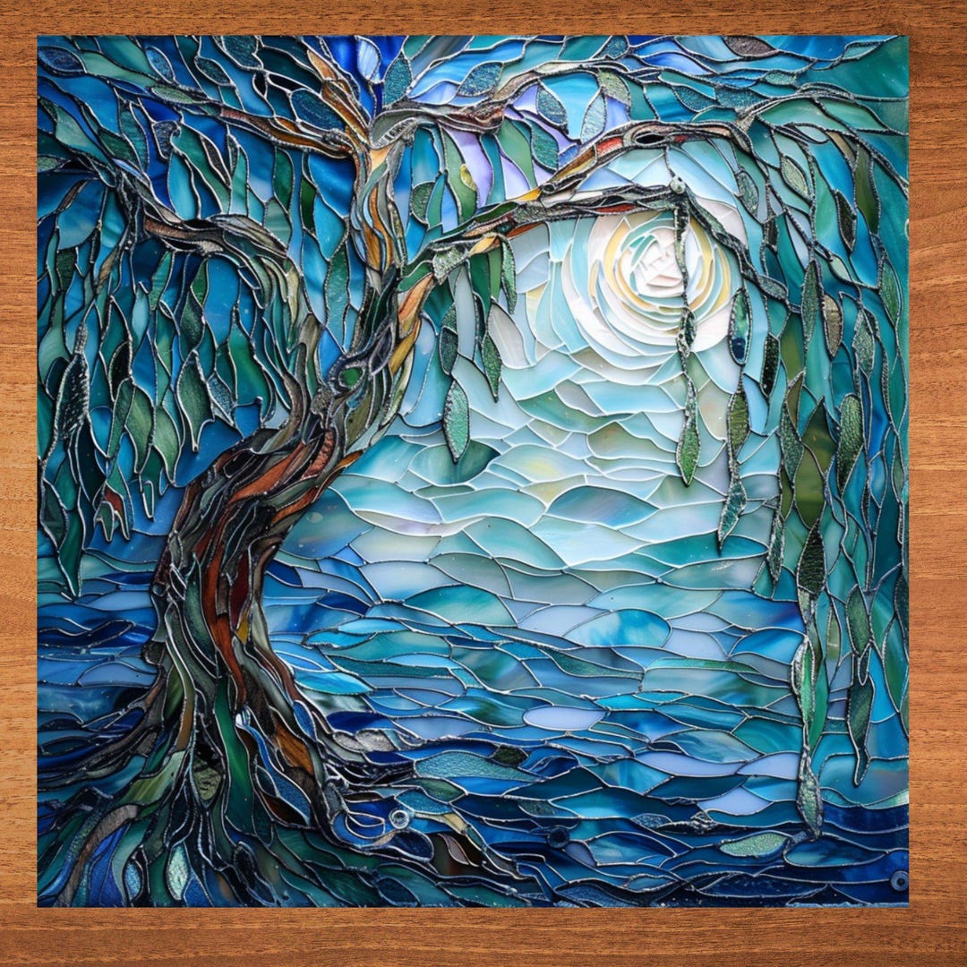 Weeping Willow Ceramic Art Tile Stained Glass Look Glossy Bookshelf ...