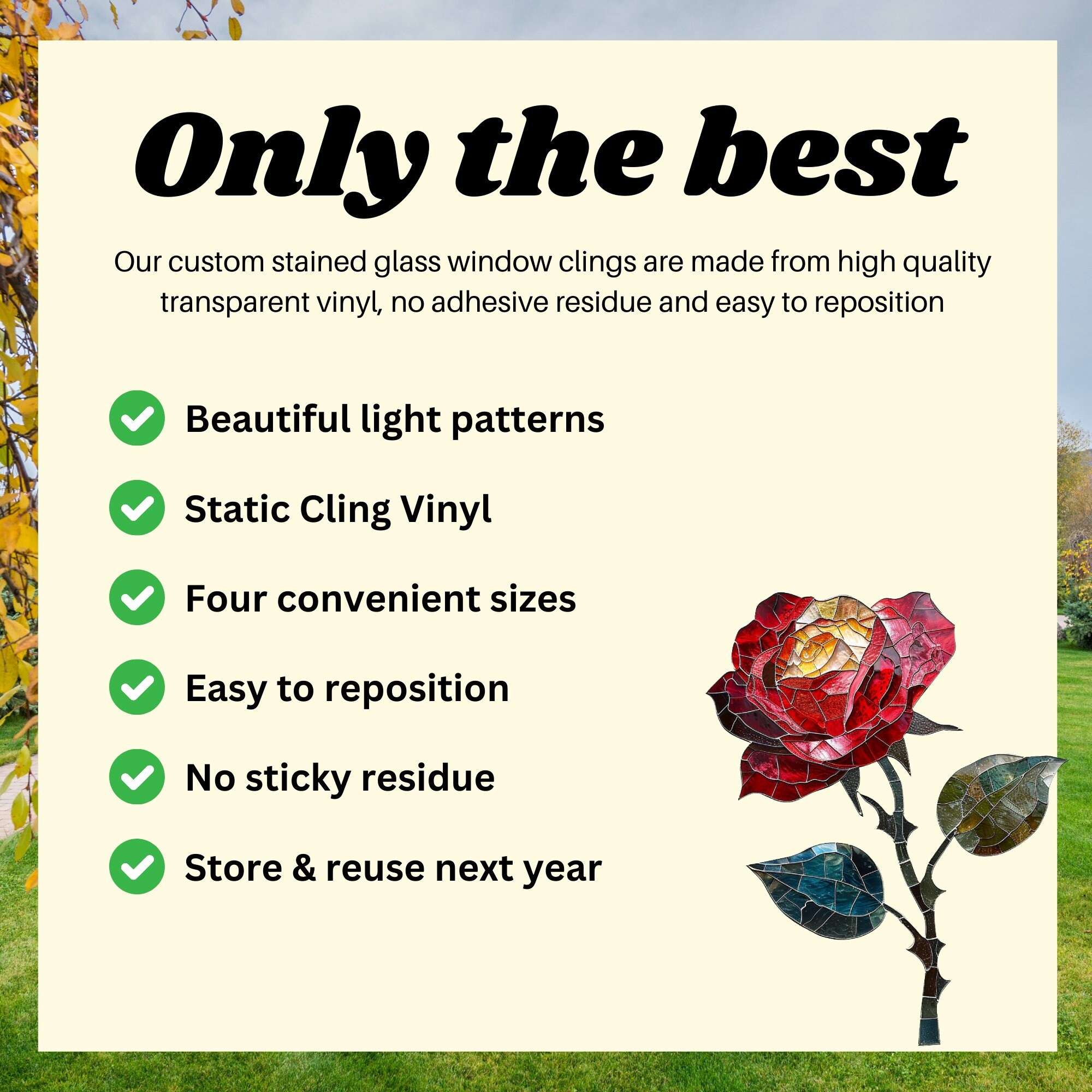 Rose Stained Glass Window Cling Decal Sticker Window Film Reusable No ...