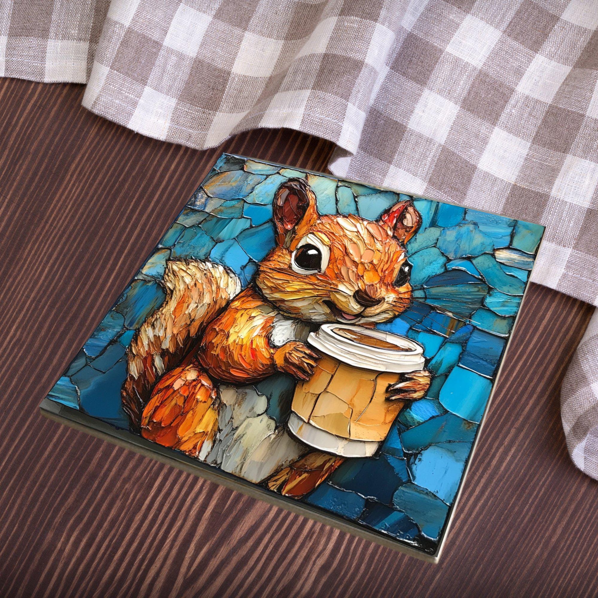 Squirrel Drinking Coffee Ceramic Tile Art Decor for Bookshelf Book Nook ...