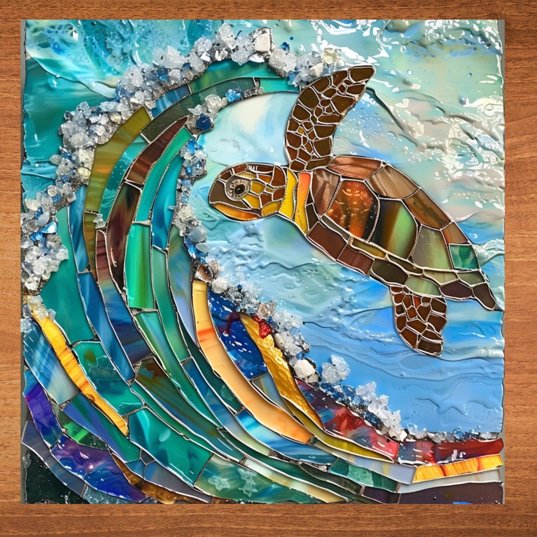 Sea Glass Look Sea Turtle Stained Glass Look Art on Glossy Ceramic ...
