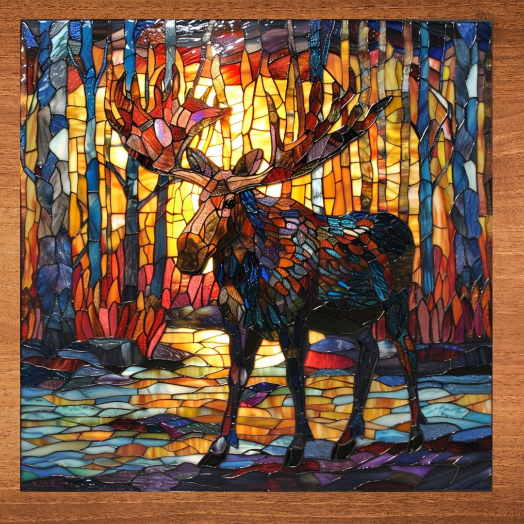Moose Stained Glass Look Art on Glossy Ceramic Decorative Tile Tileful ...