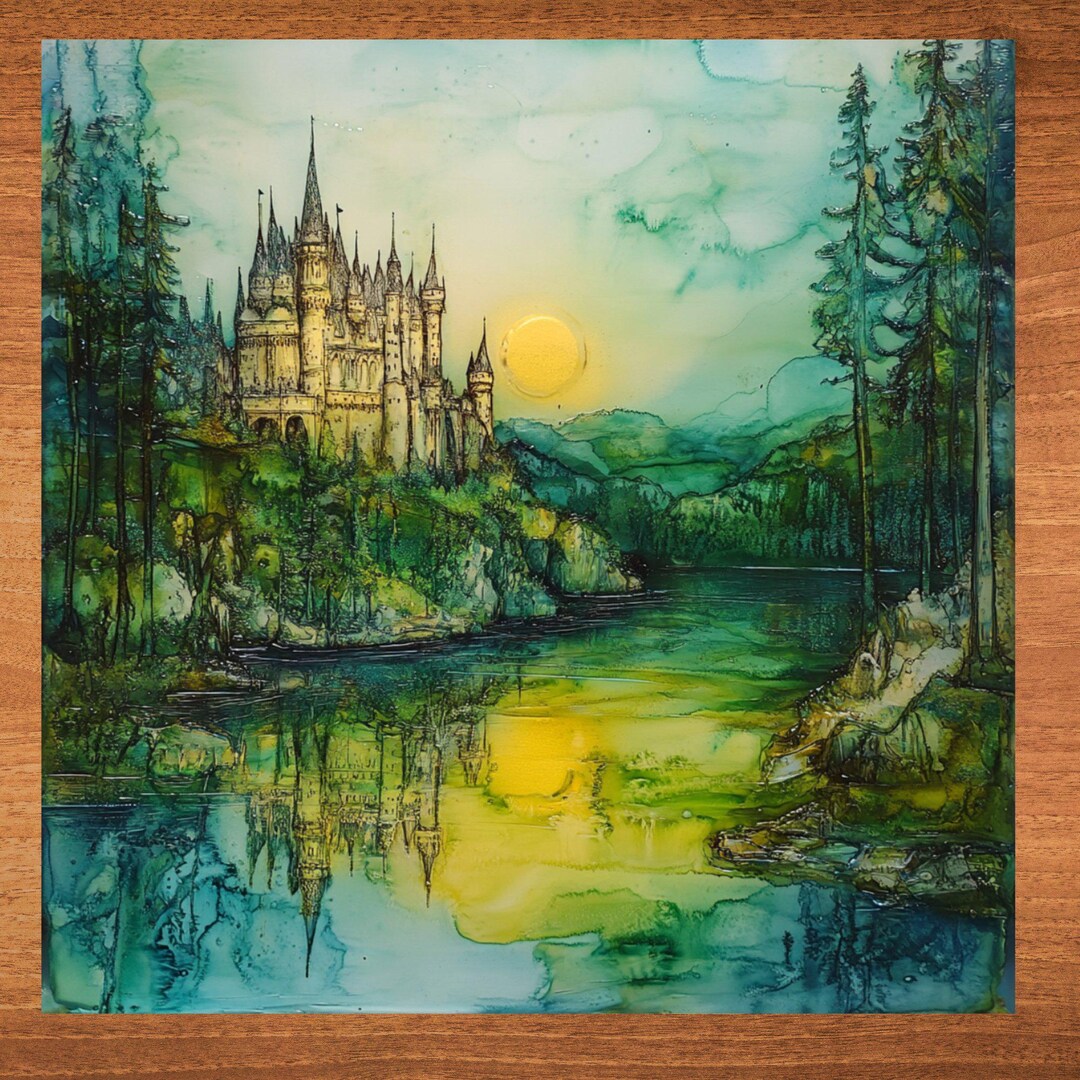 Castle by River Bookshelf Decore Beautiful Ceramic Art Tile Dark ...