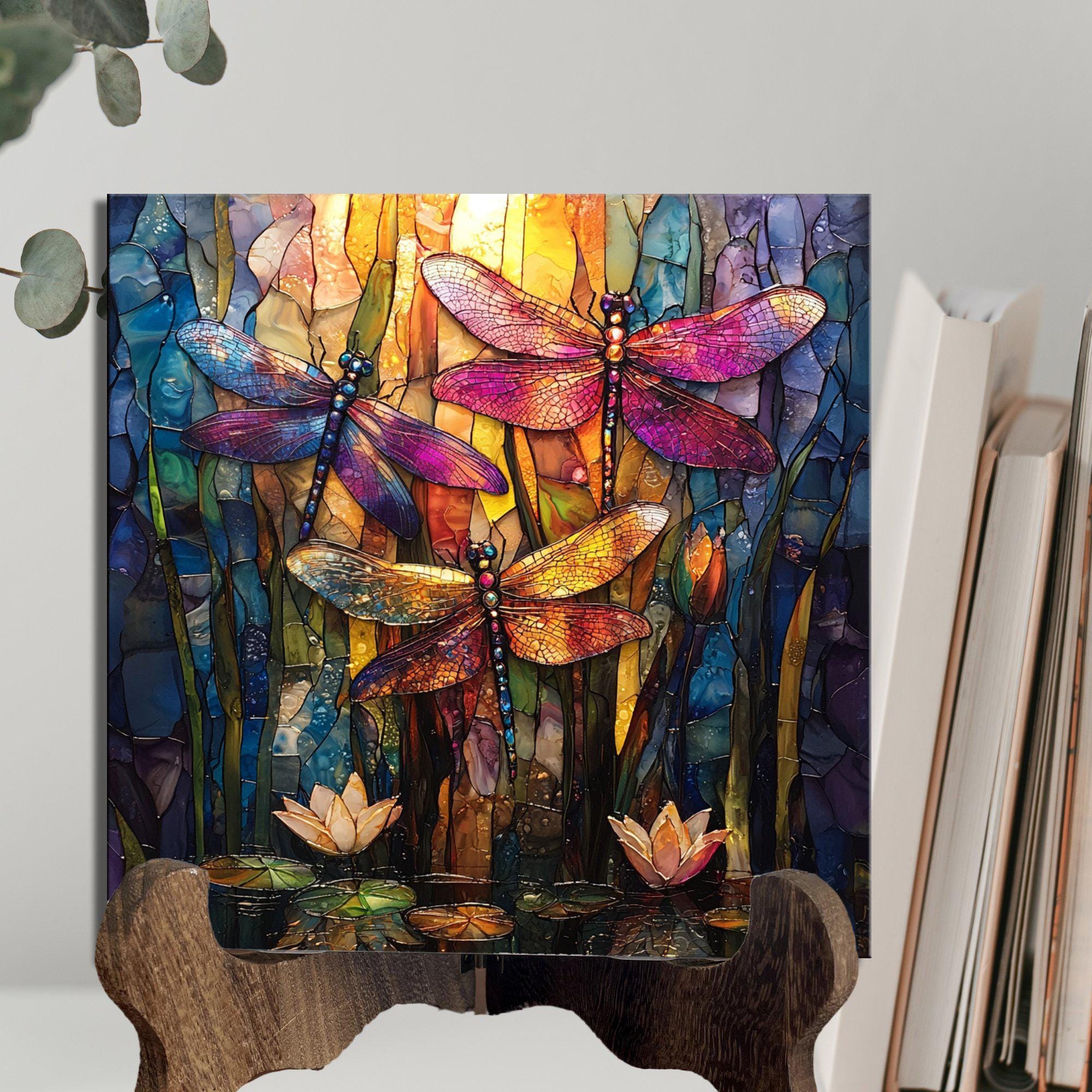 Dragonflies Ceramic Art Tile Decor for Bookshelf Book Nook Wall Art ...