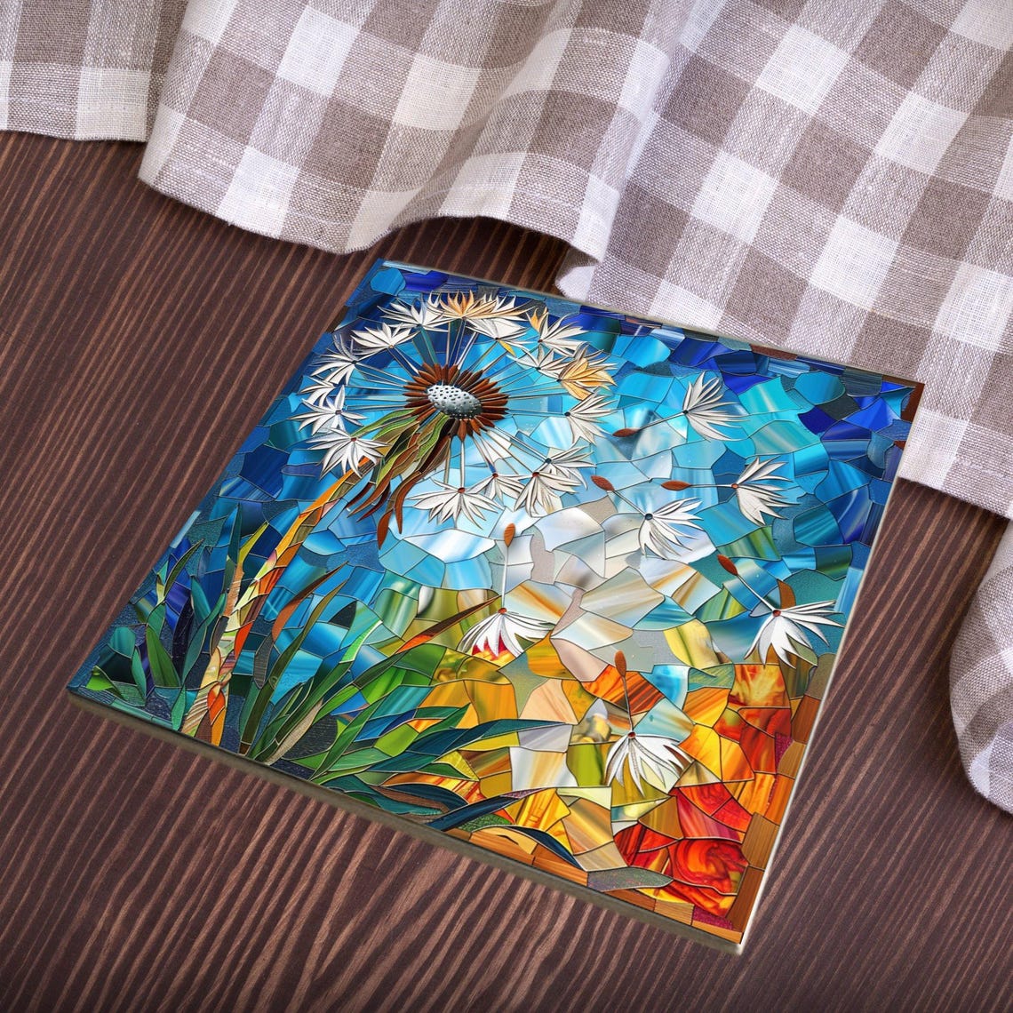 Dandelion Stained Glass Look Art on Glossy Ceramic Decorative Tile Gift ...