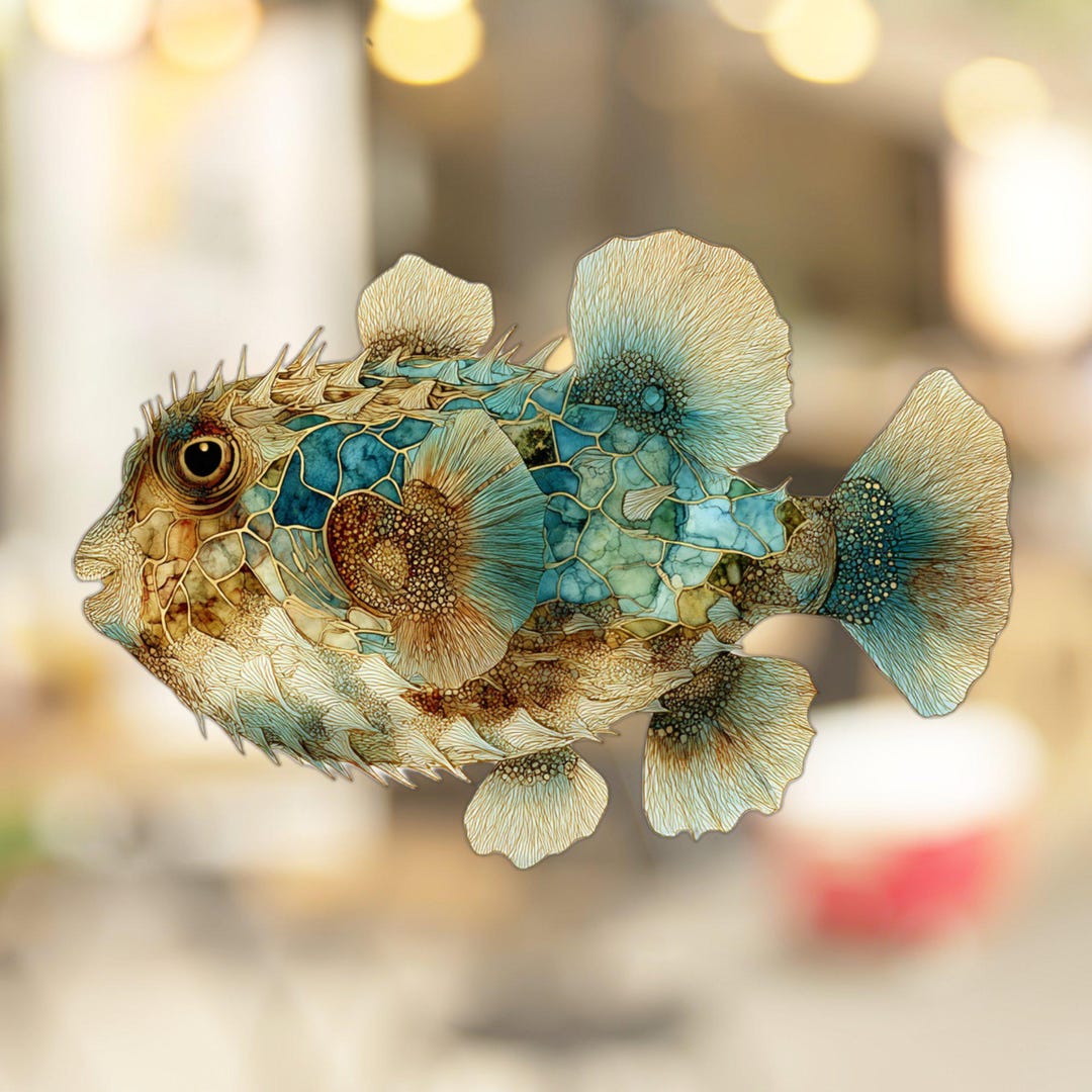 Pufferfish Window Cling Stained Glass Look Decal Sticker Window Film No ...