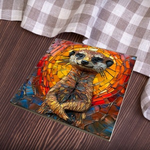 Meerkat Stained Glass Look Art on Glossy Ceramic Decorative Tile ...