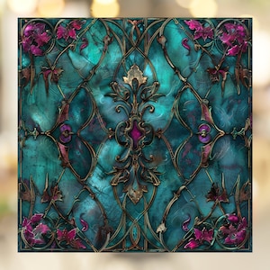 Teal and Fuchsia Stained Glass Window Cling Gothic Decor Sticker Decal ...