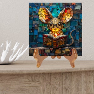 Mouse Reading Stained Glass Look Art on Glossy Ceramic Decorative Tile ...