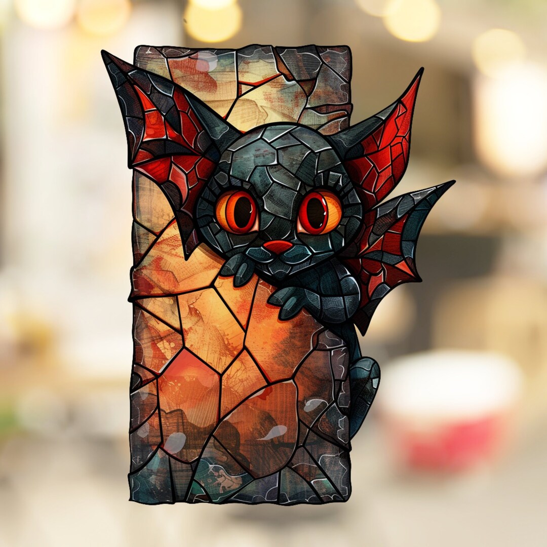 Vampire Bat Peeking Around Corner Halloween Stained Glass Look Window ...
