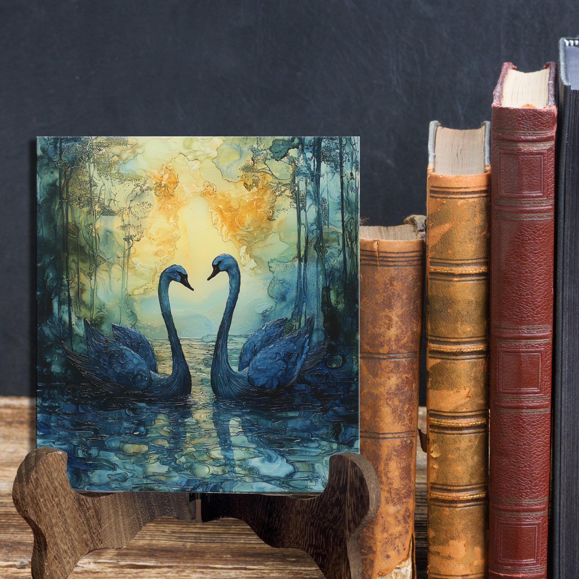 Swans Form a Heart Ceramic Art Tile Artful Bookshelf Book Nook Wall ...