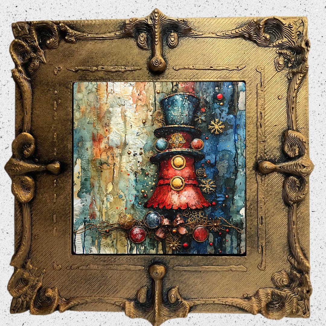 Steampunk Inspired XMAS Tiny Art Fridge Magnet Gold Framed ...