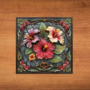 Hibiscus Ceramic Art Tile Art Nouveau Deco Wall Decor Coffee Table ...