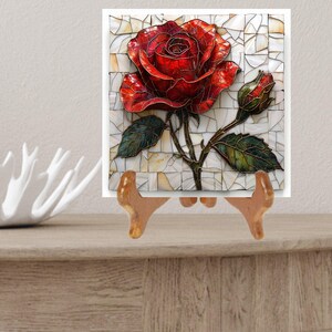 Red Rose Ceramic Art Tile Stained Glass Look Glossy Bookshelf Book Nook ...