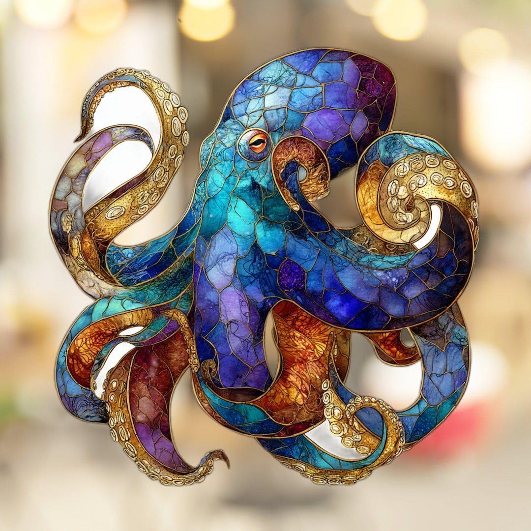 Stained Glass Giant Pacific Octopus Window Cling Stained Glass Look ...