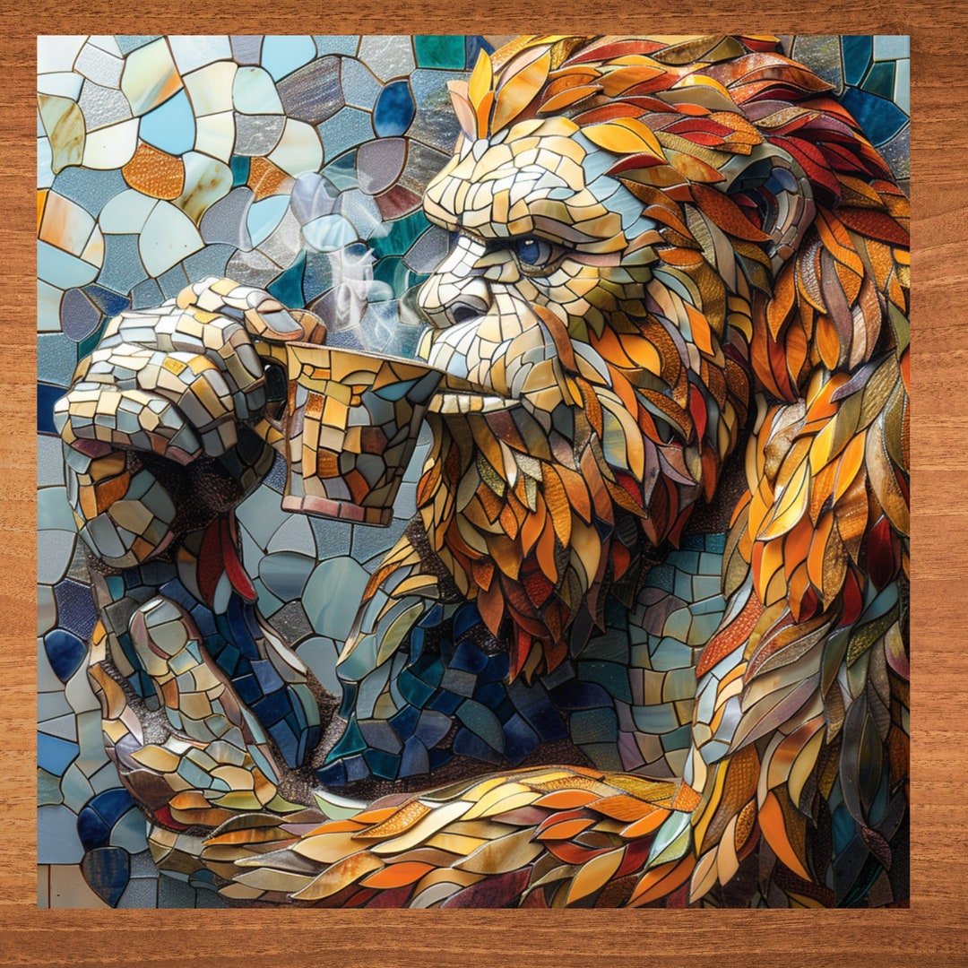 Sasquatch Drinking Coffee Stained Glass Look Art on Glossy Ceramic Tile ...