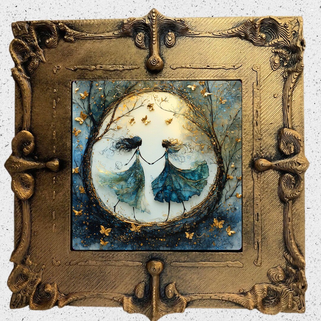 Winter Fairies in Blue Tiny Art Fridge Magnet Gold Framed Fridgescaping ...