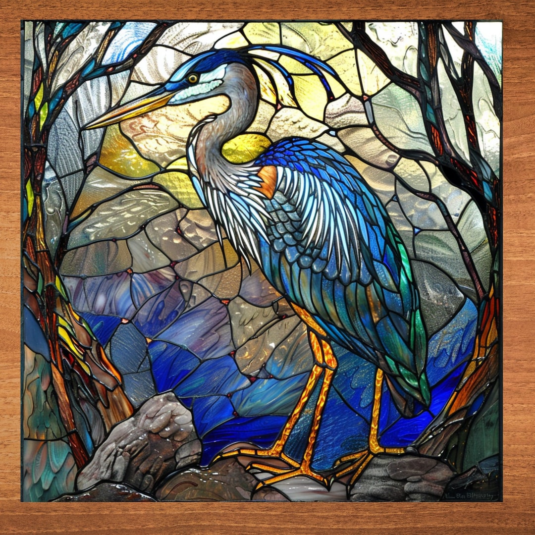 Art Nouveau Blue Heron Stained Glass Look Art on Glossy Ceramic Tile ...