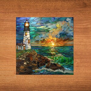 Lighthouse Stained Glass Look Art on Glossy Ceramic Decorative Tile ...