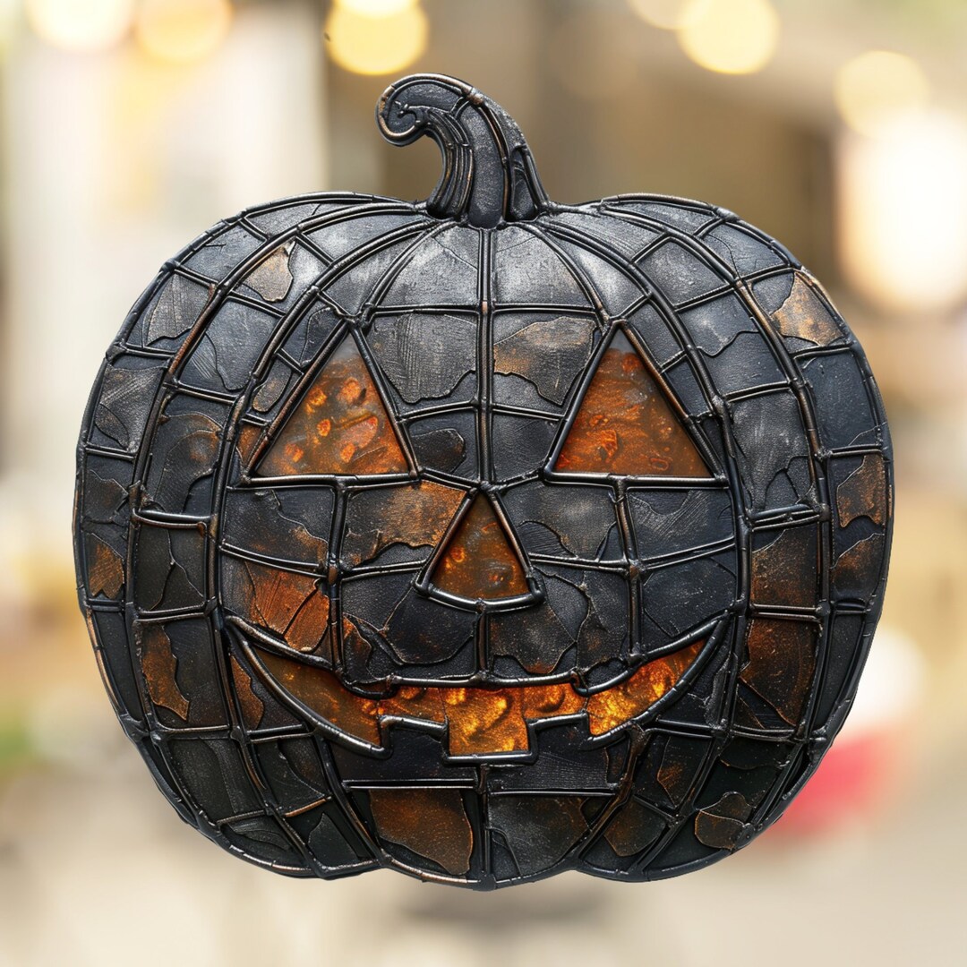 Black Pumpkin Jack O Lantern Stained Glass Look Window Cling Halloween ...