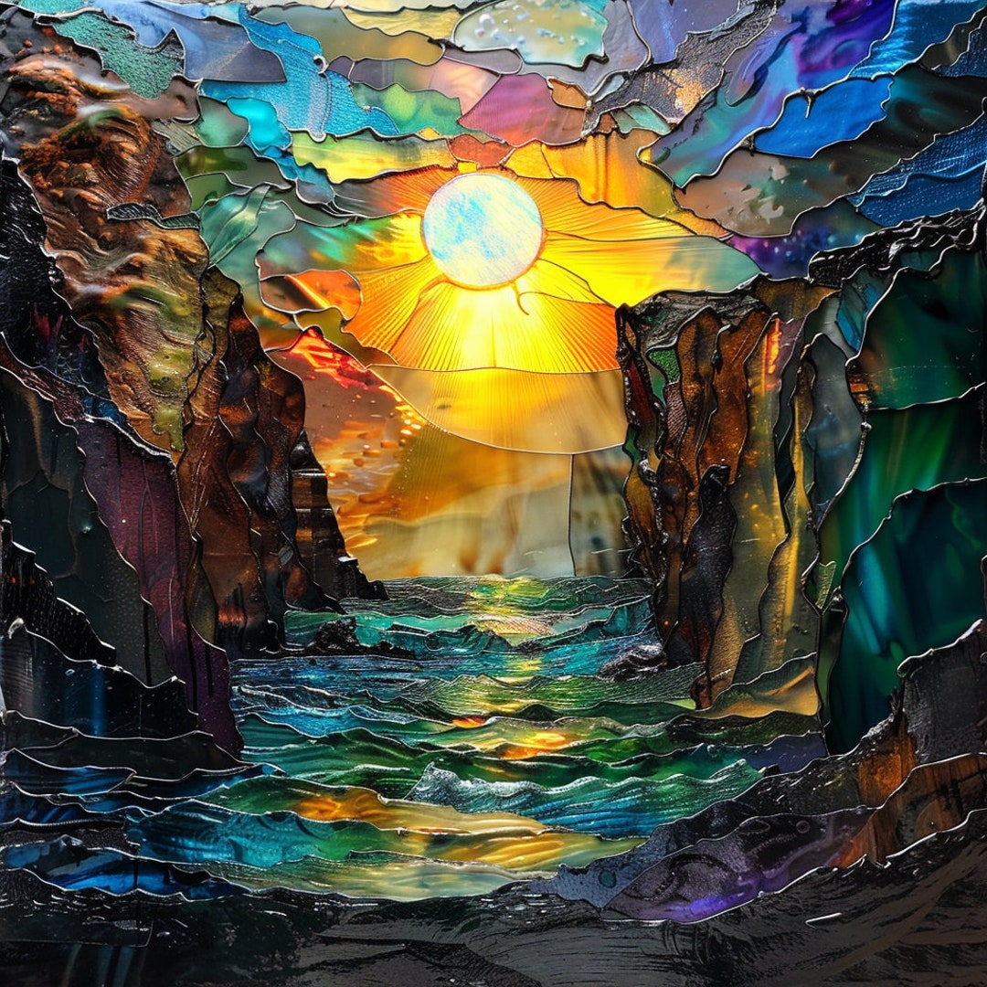 Rocky Cliffs Ocean Stained Glass Look Art on Glossy Ceramic Decorative ...