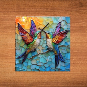 Hummingbirds Ceramic Art Tile Stained Glass Look Glossy Bookshelf Book ...