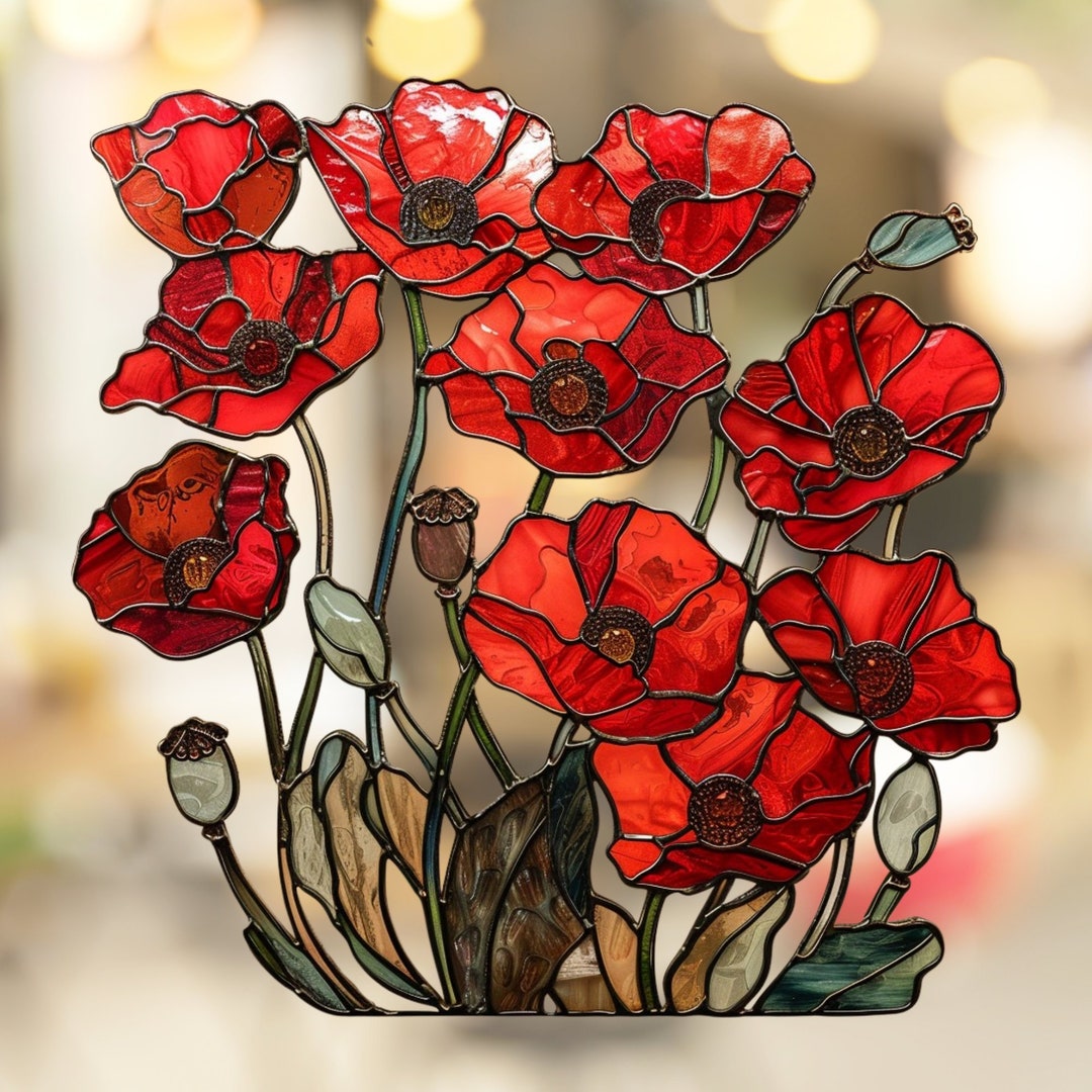 Poppies Stained Glass Look Patriotic Window Cling for Memorial Day 4th ...