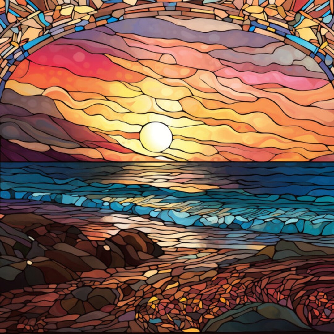 Ocean Waves Peaceful Beach at Sunrise Stained Glass Window Cling - Etsy