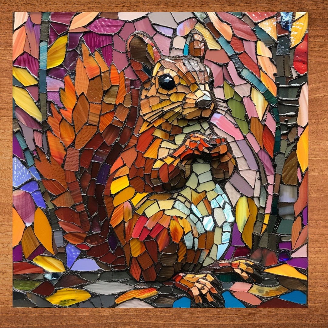 Squirrel Stained Glass Look Art on Glossy Ceramic Decorative Tile ...