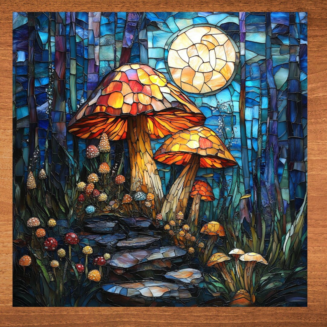 Enchanted Mushroom Patch Ceramic Art Tile Stained Glass Look Glossy ...