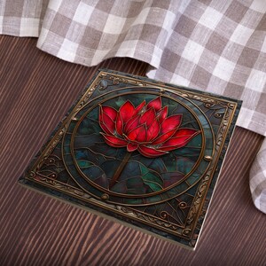 Red Lotus Stained Glass Look Art on Glossy Ceramic Decorative Tile Gift ...