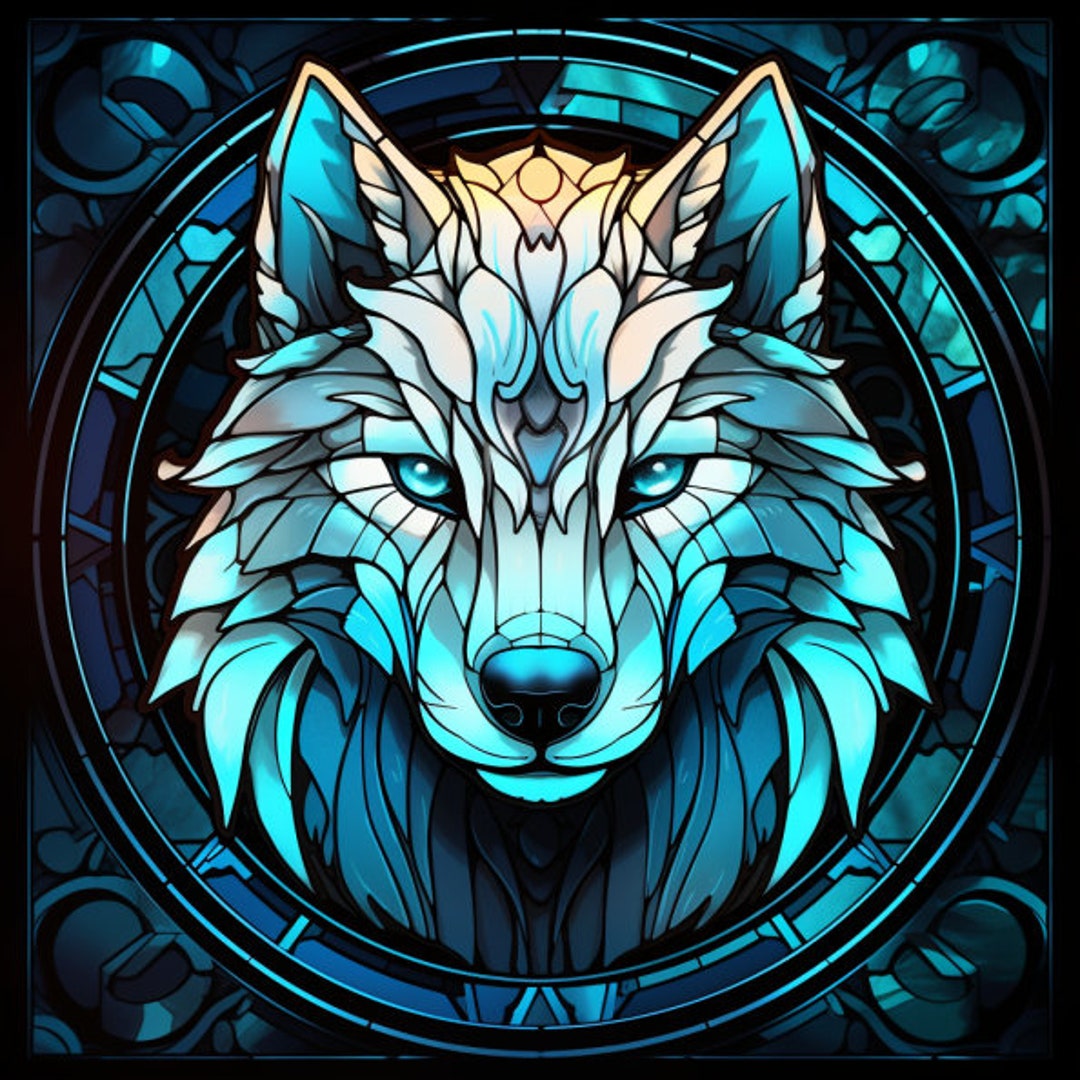 Blue Wolf Stained Glass Window Cling Blue Wolf Stained Glass Window ...