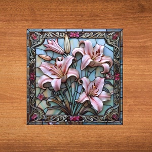 5701_WA_TILE Pink Lilies Ceramic Art Tile Art Nouveau Deco Wall Decor ...