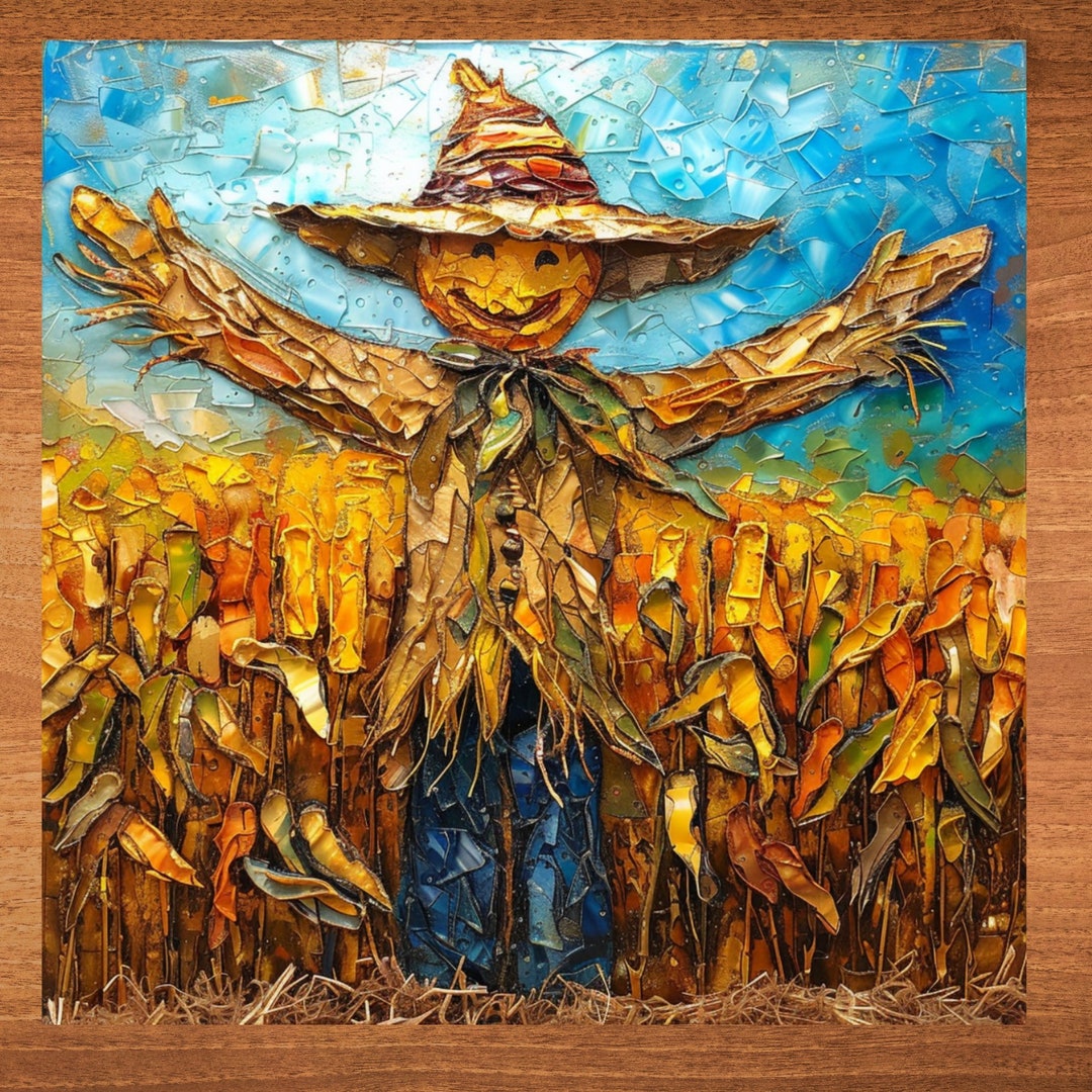 Scarecrow in Cornfield Stained Glass Look Art on Glossy Ceramic Tile ...