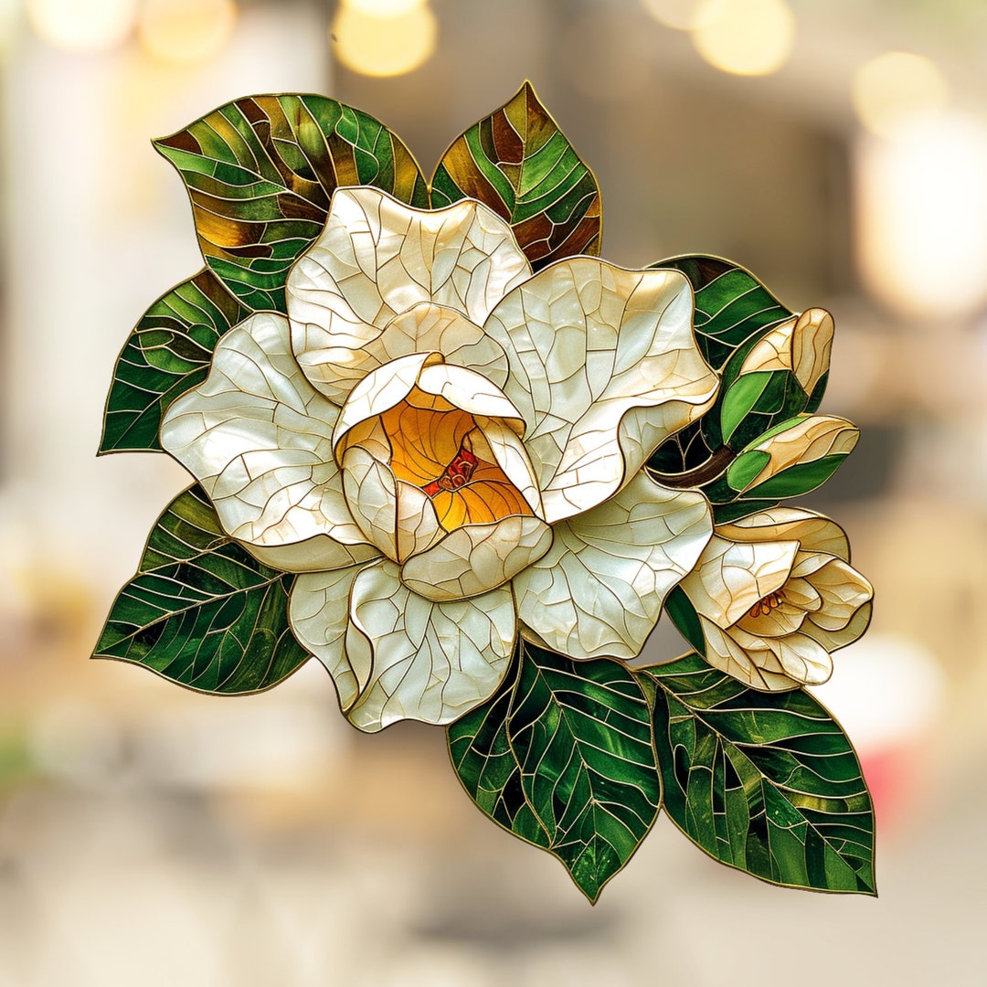 Gardenia Stained Glass Window Cling Beautiful Flower Window Artwork ...