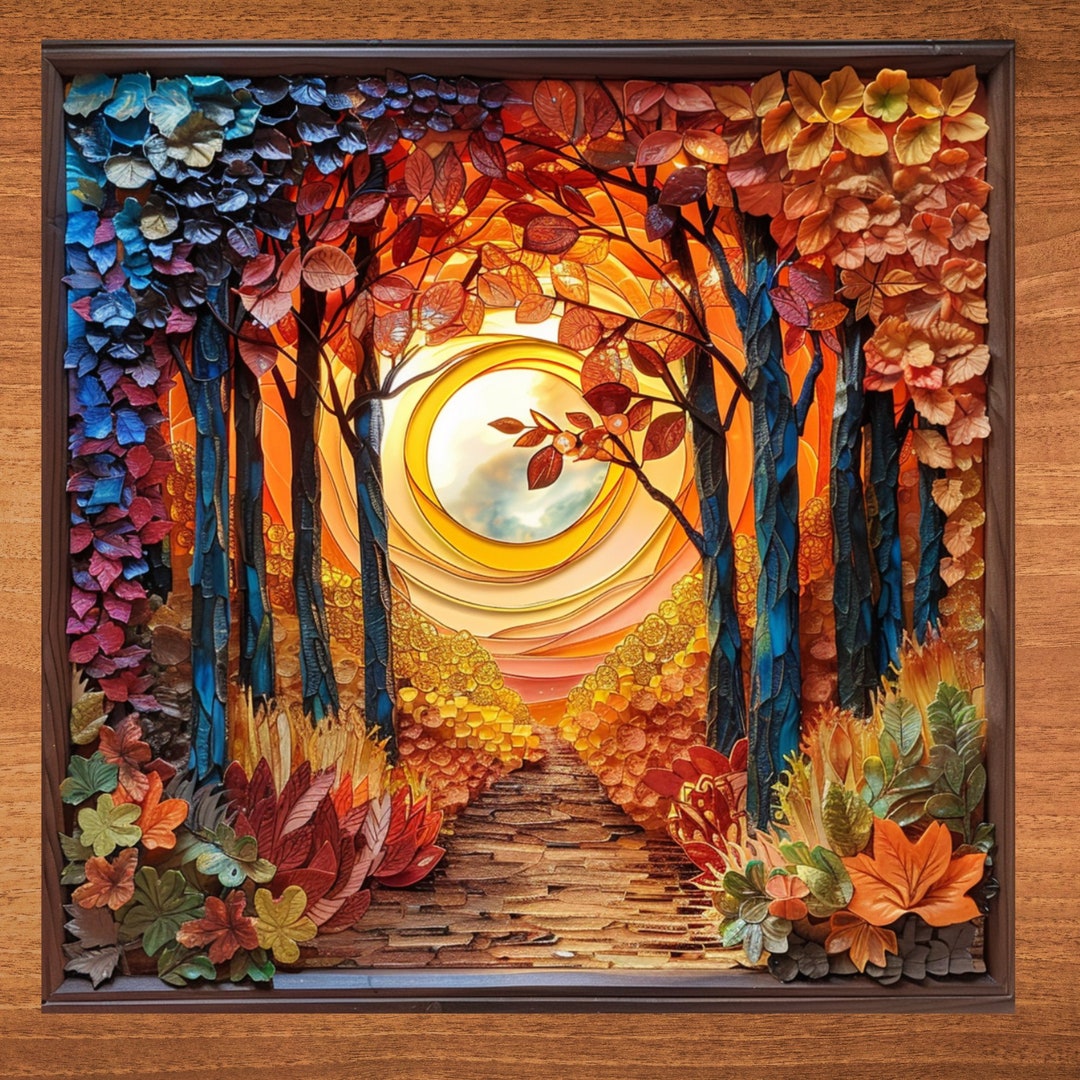 Autumn Fairytale Scene Stained Glass Look Art on Glossy Ceramic Tile ...