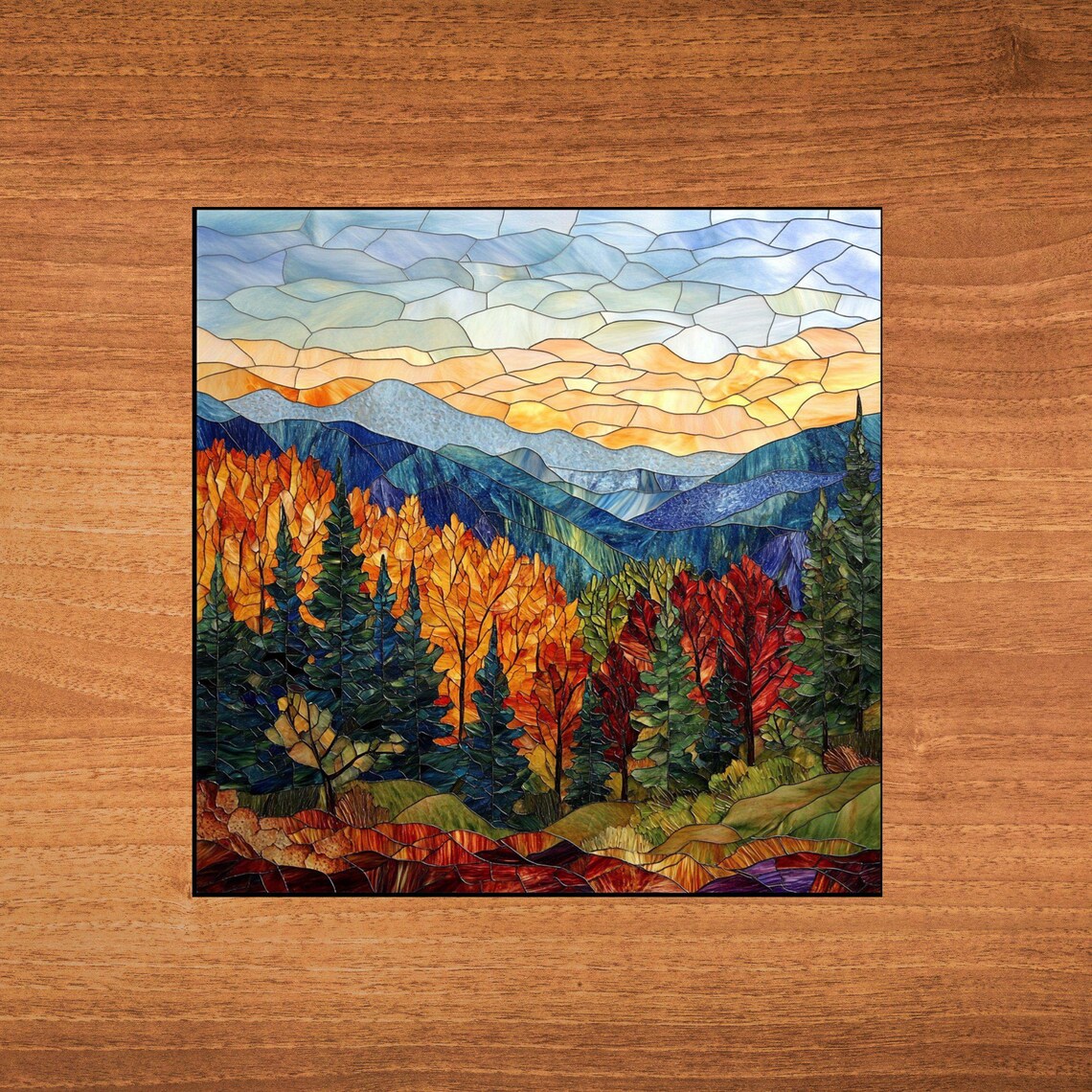 Mountain Vista Fall Ceramic Art Tile Stained Glass Look Glossy ...