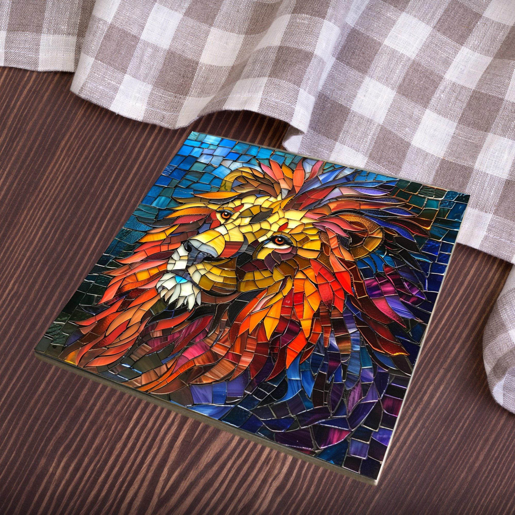 Lion Stained Glass Look Art on Glossy Ceramic Decorative Tile Tileful ...