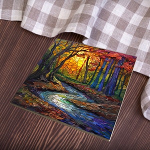 Mystical Glowing Woodland Stained Glass Look Art on Glossy Ceramic Tile ...