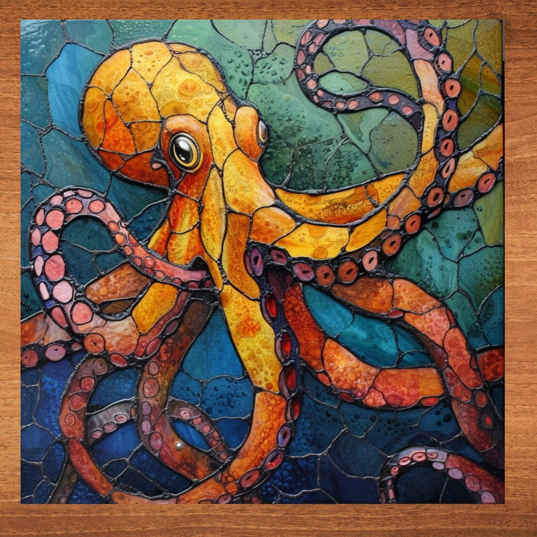 Octopus Stained Glass Look Art on Glossy Ceramic Tile Tileful Artful ...