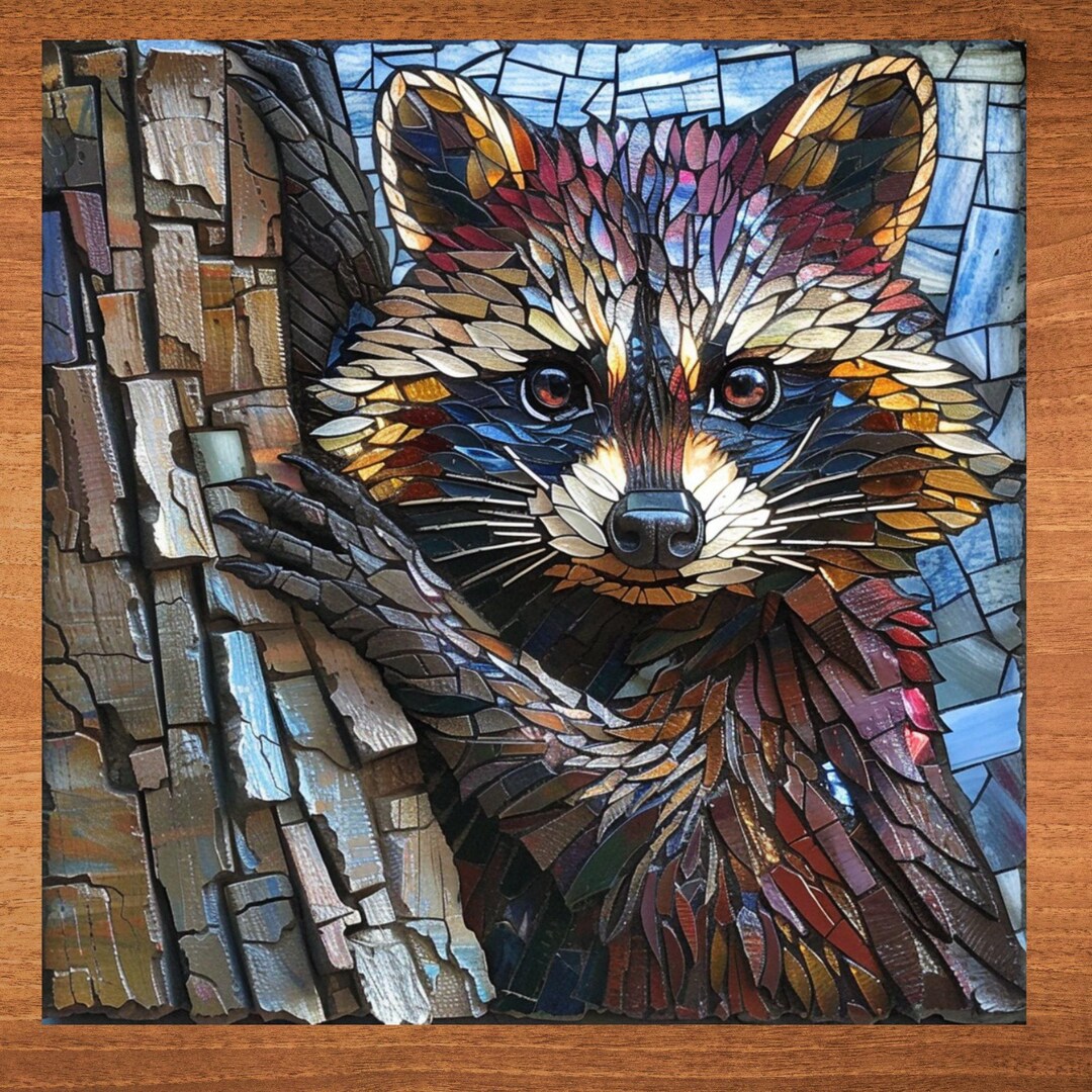 Raccoon Stained Glass Look Art on Glossy Ceramic Decorative Tile ...