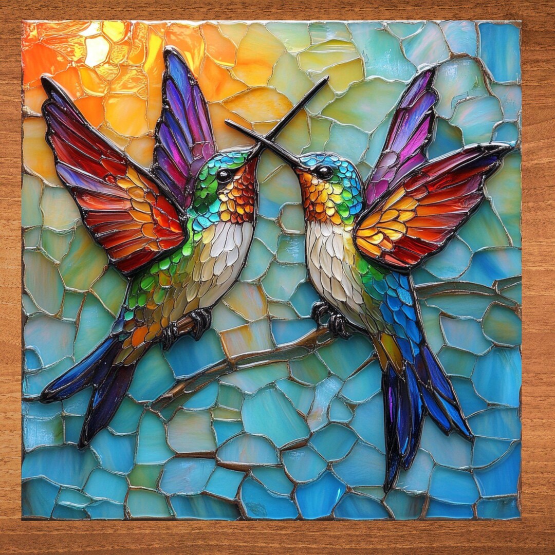 Hummingbirds Ceramic Art Tile Stained Glass Look Glossy Bookshelf Book ...