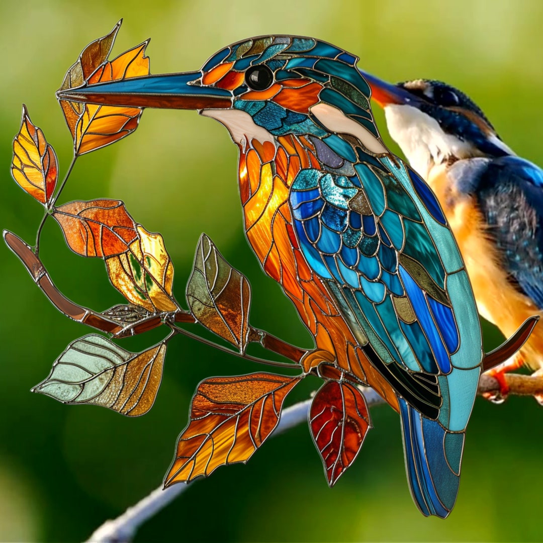 Kingfisher Stain Glass Window Hanging Kingfisher Faux Stained Glass ...