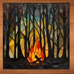 Animal Forest Bonfire Stained Glass Look Art on Glossy Ceramic ...