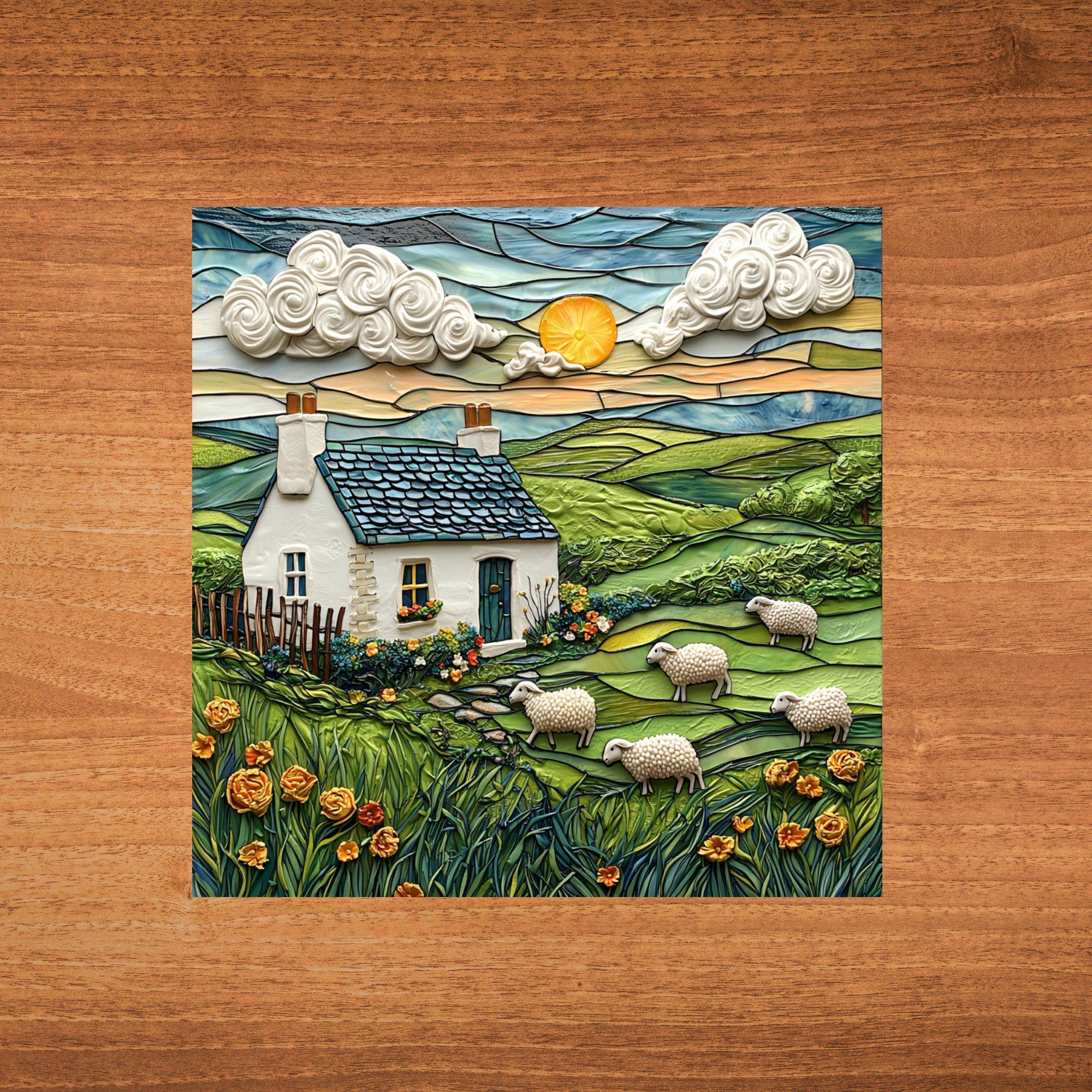 Irish Sheep Pasture Ceramic Art Tile Artful Bookshelf Book Nook Wall ...