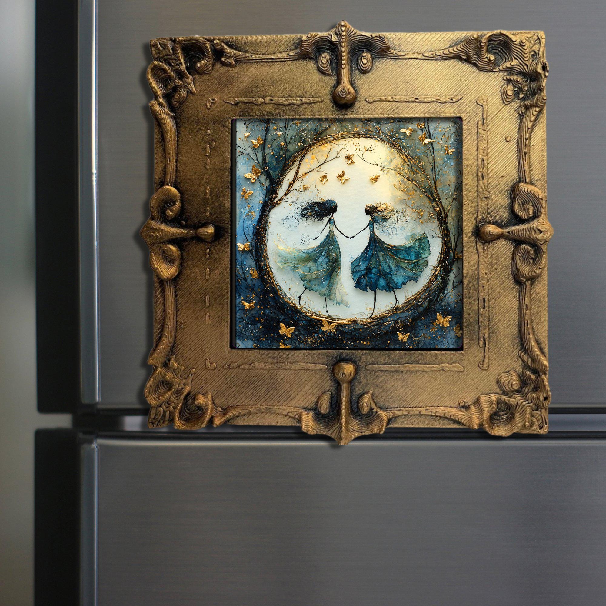 Winter Fairies in Blue Tiny Art Fridge Magnet Gold Framed Fridgescaping ...