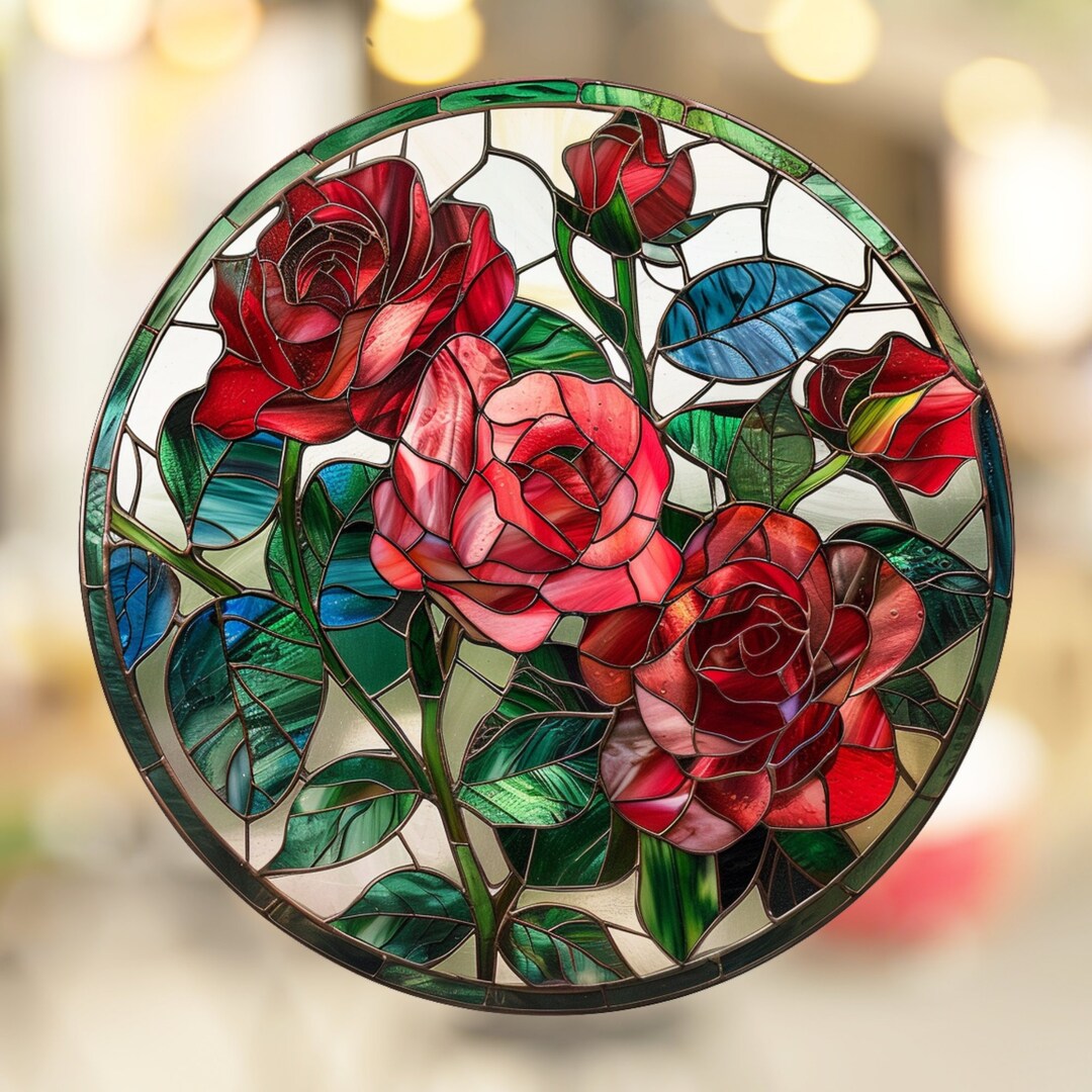 Rose June Beautiful Birth Month Flower Stained Glass Window Cling Decor ...