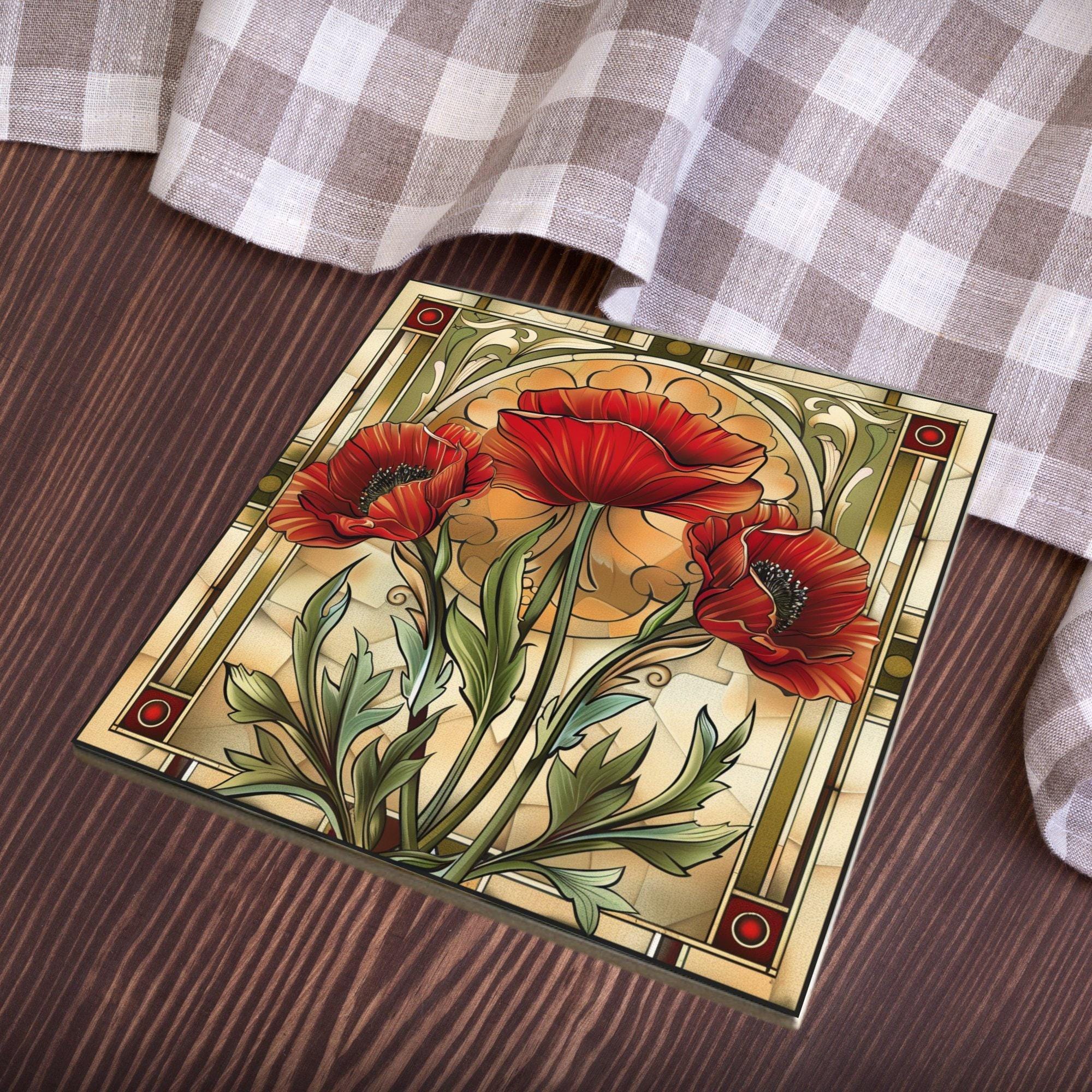 Art Nouveau Poppies Ceramic Wall Art Decorative Tile Unique Home Decor ...